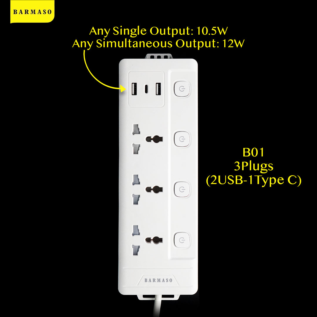 B01 (3 Plugs) (2 USB- 1 Type C) Power Socket – BARMASO